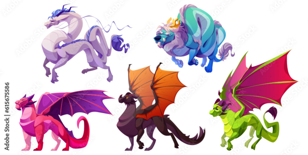 Magic fantasy dragon set for fairy tale game cartoon illustration ...
