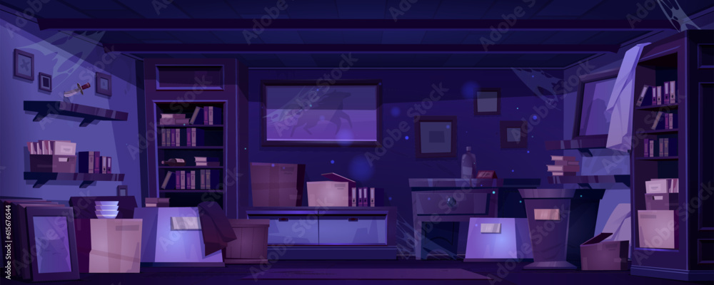 Abandoned old room with furniture and stuff. Vector cartoon ...