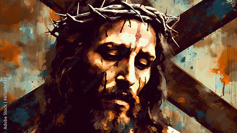 Jesus Christ carrying cross portrait , abstract original art for easter ...
