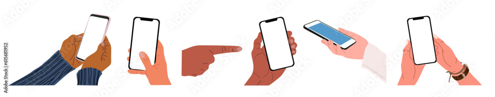 Different Hands holding mobile phones set. Fingers touching, scrolling smartphone screens, using ...