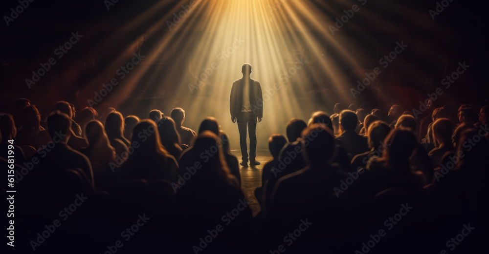 A man stands in the spotlight at the front while the audience and ...
