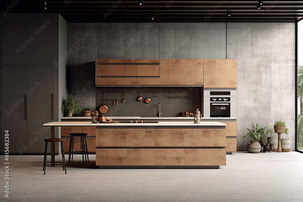 Mockup of a modern kitchen with wooden cabinets, steel sink and grey ...