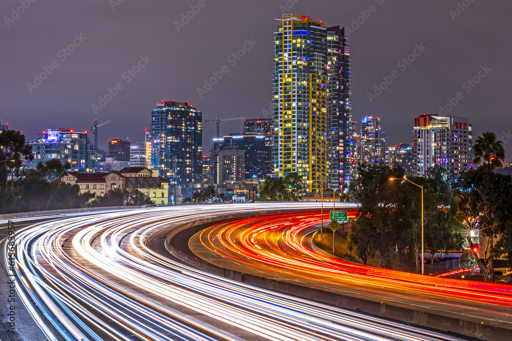 Long exposure from a pedestrian bridge over the Interstate 5 freeway in ...