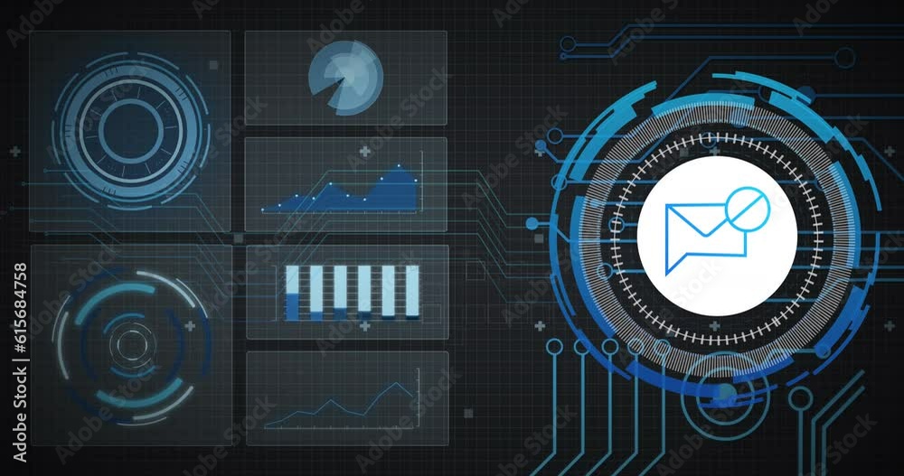 Animation of scope scanning with email icon, data processing on digital screens on black ...