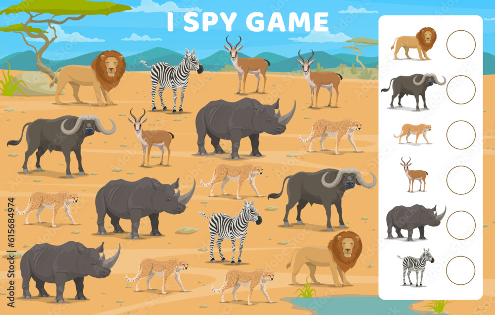 I spy game cartoon african savannah animals. Vector worksheet for ...