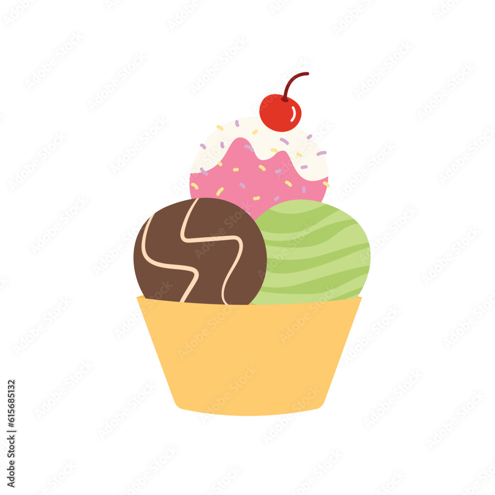 Ice cream balls in different flavors in a bowl. Cartoon vector ...