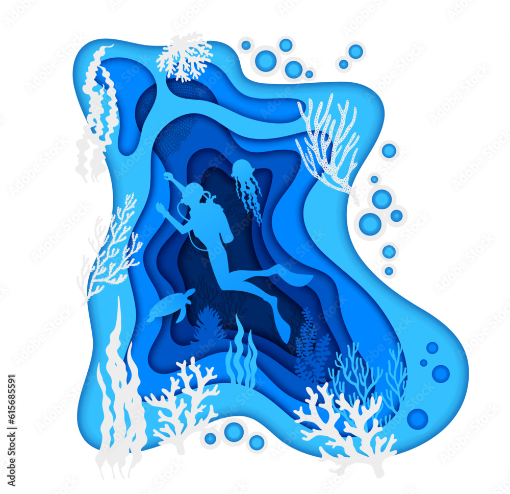 Diver in underwater paper cut of sea landscape, turtle and seaweeds ...