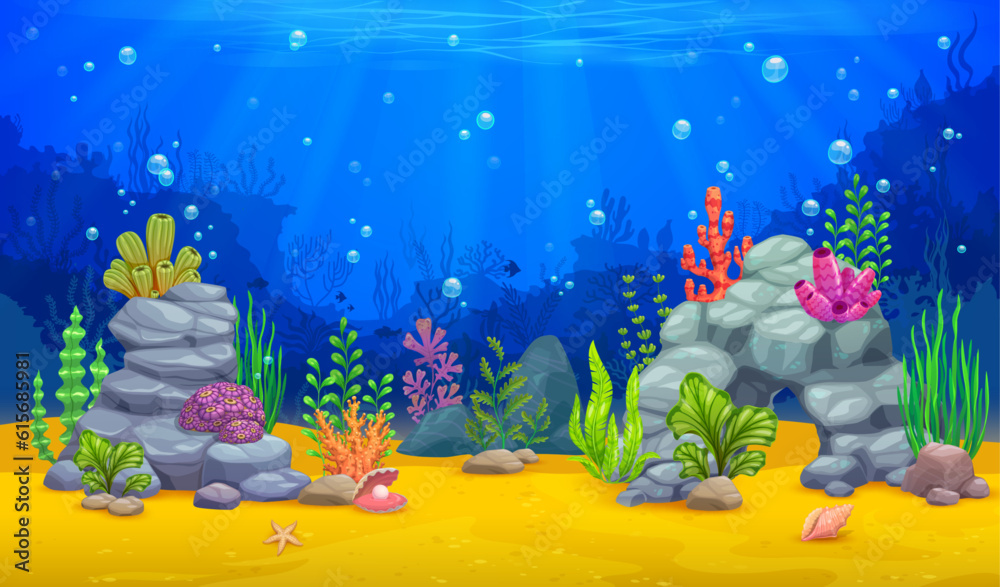 Cartoon underwater landscape and coral reef background, vector undersea ...