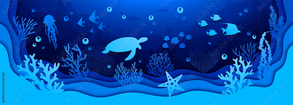 Underwater paper cut, sea landscape with turtle and jellyfish, seaweeds ...