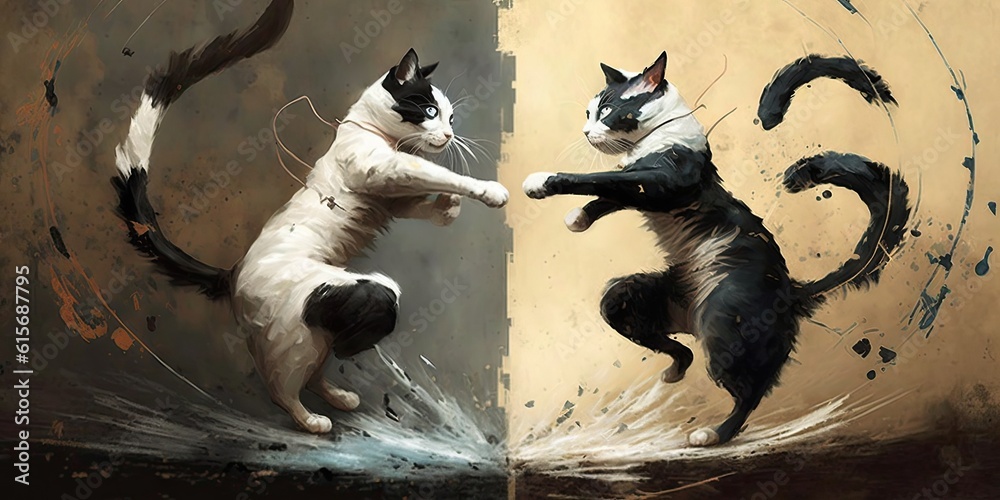 Furious fluffy cats in fighting in the boxing stadium, theme of vintage ...