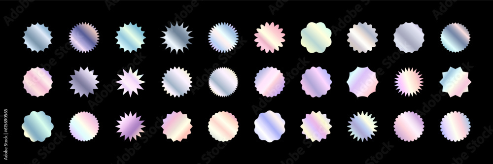 Holographic sale stickers shape mega set on black background. Promo product rainbow gradient ...