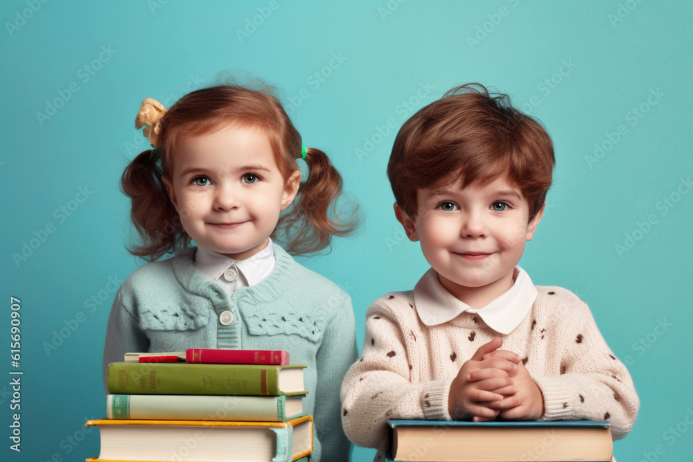 Smiling children hold books and read books isolated on mint background ...