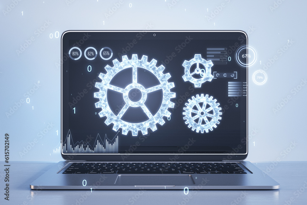 Creative laptop with glowing binary code cogwheel on screen. Blurry light background. Adjusting ...