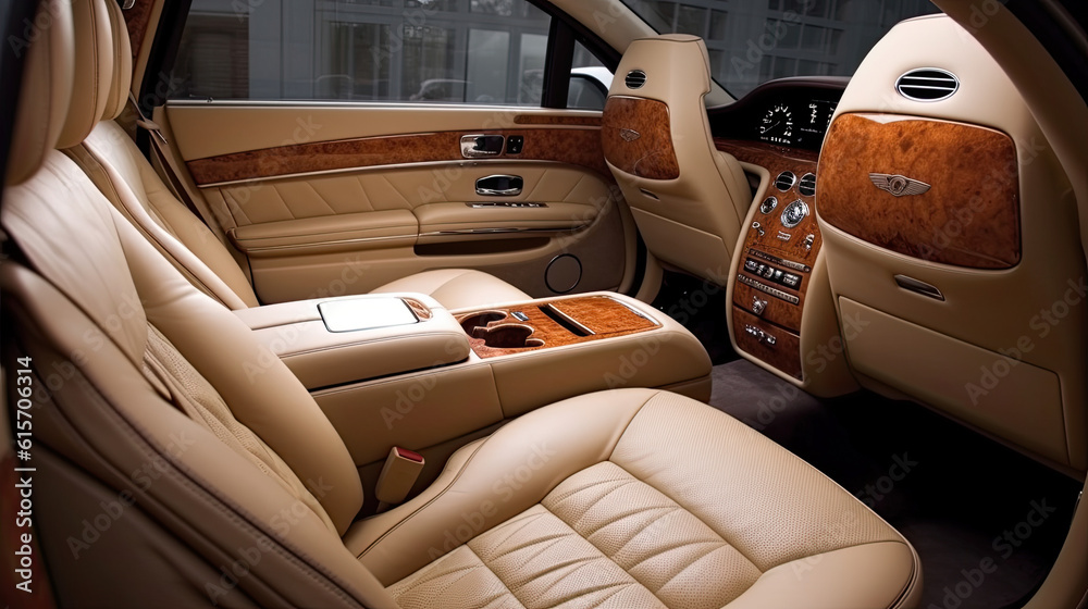 the inside of a car with beige leather seats and wood trims, in an ...