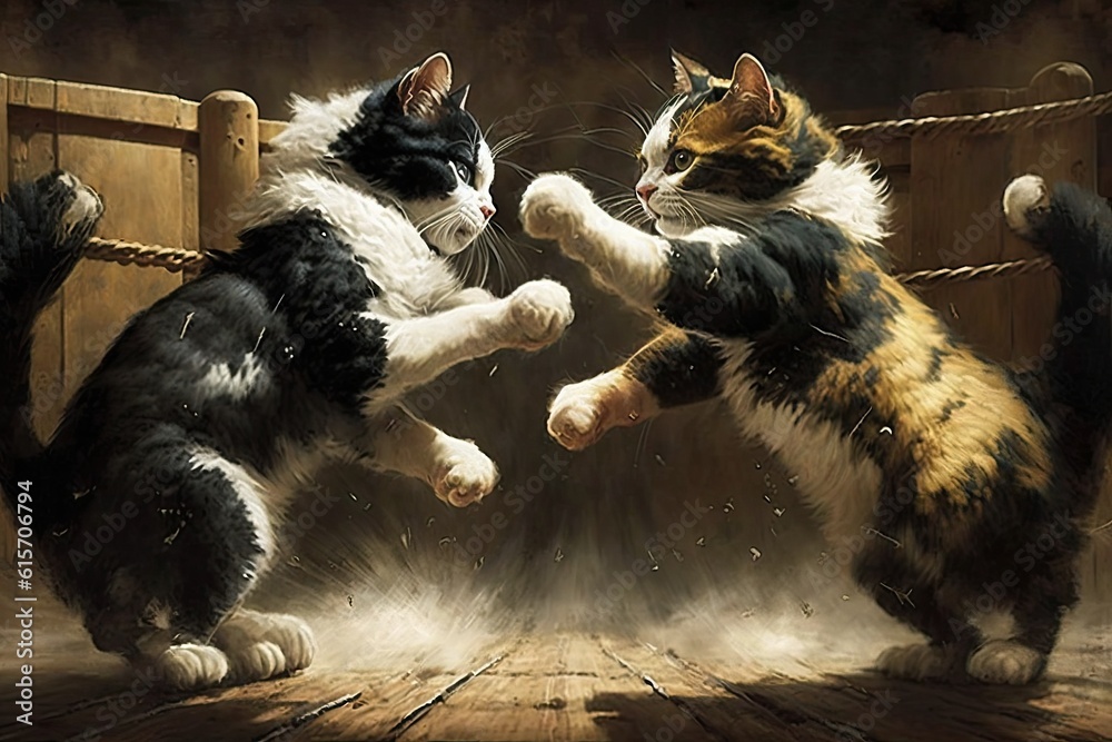 Furious fluffy cats in fighting in the boxing stadium, theme of vintage ...