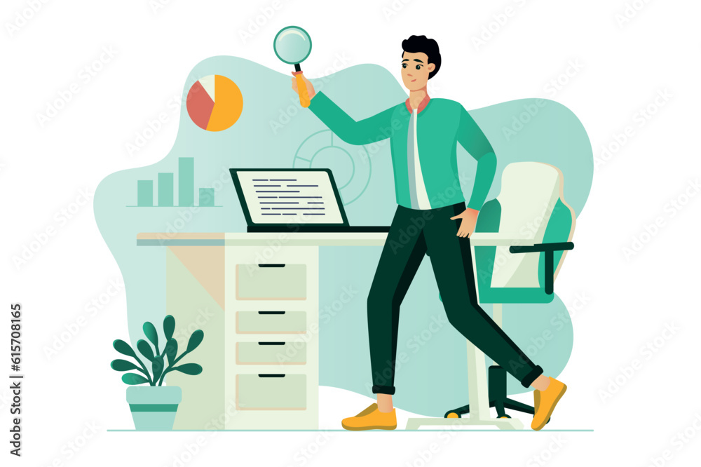 Data analysis concept with people scene in the flat cartoon style. The ...