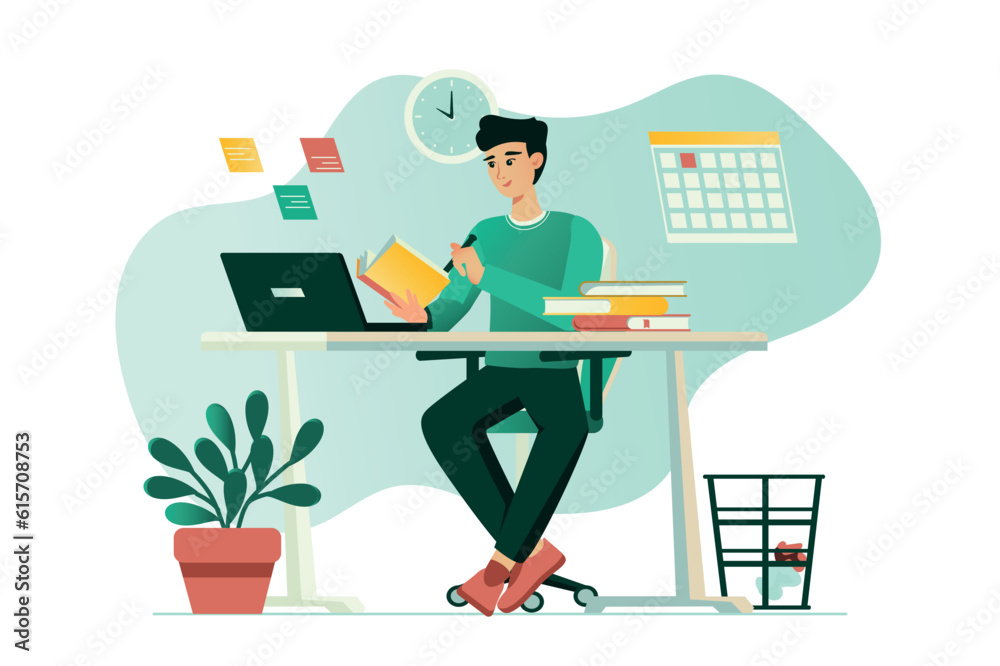 Planning concept with people scene in the flat cartoon design. An ...