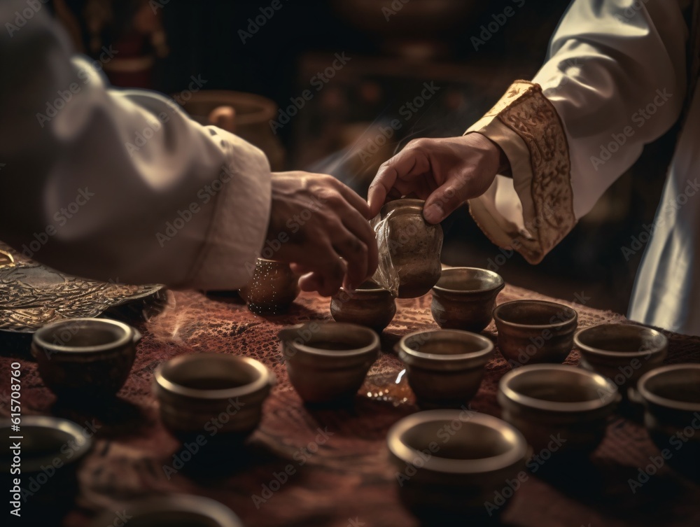 A traditional Arabic coffee serving ceremony, with a host pouring ...