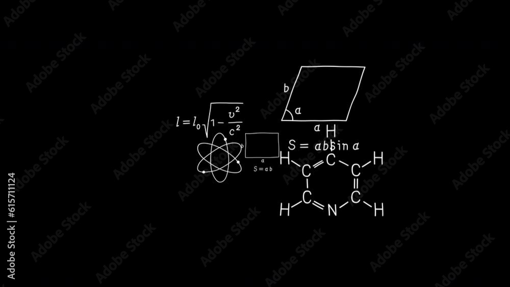 Formulas geometric shapes calculation. Black background. Looped ...