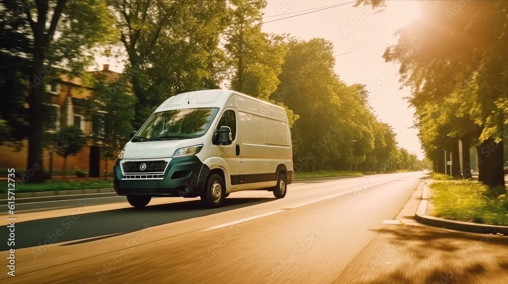 Modern transportation service with a white van on the road, Delivery ...
