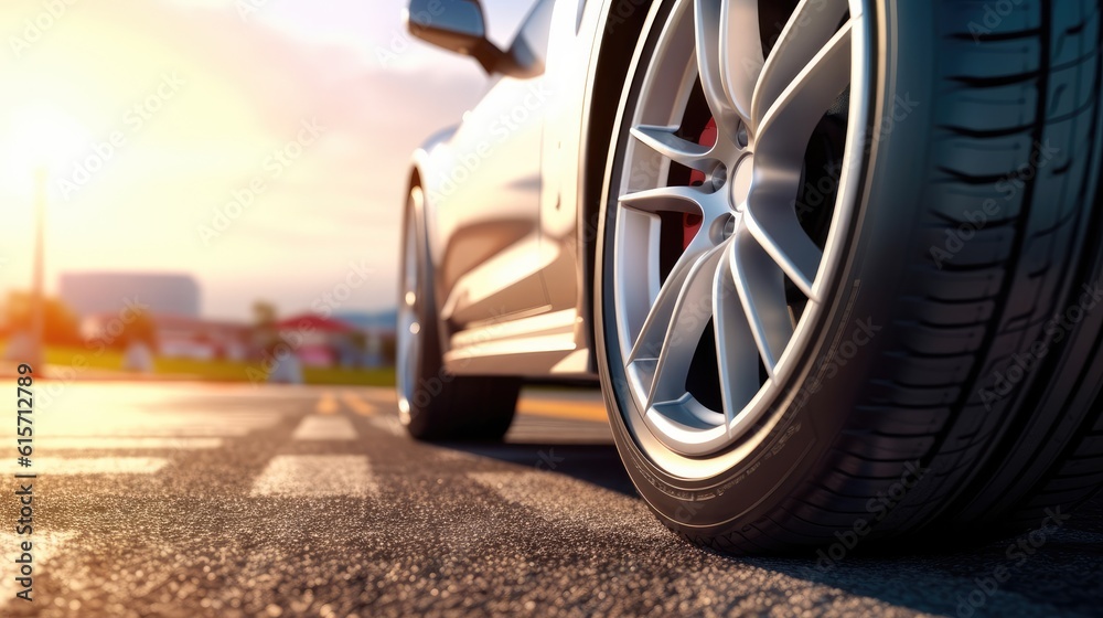 Tires on the asphalt road, Low angle side view of car driving fast at ...