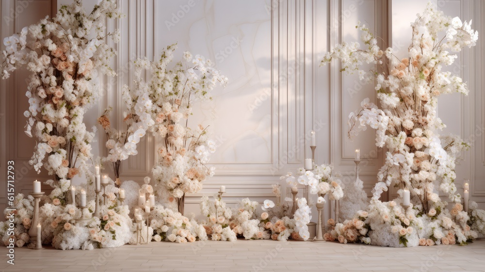 Realistic 3D render backdrop wedding with flower bouquet and blowing ...