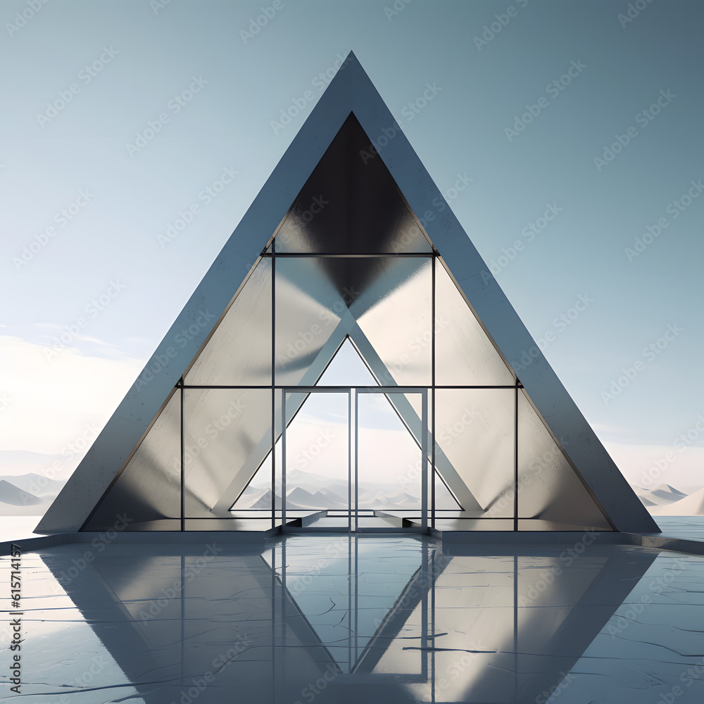 This modern building features an abstract triangular structure, framed ...