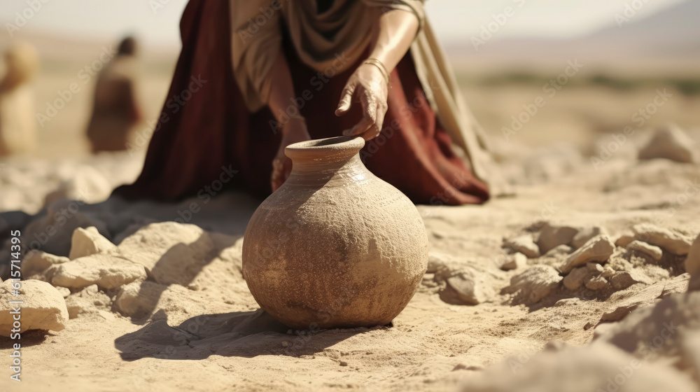 Clay water jug with a samaritan woman in the background. Christian ...