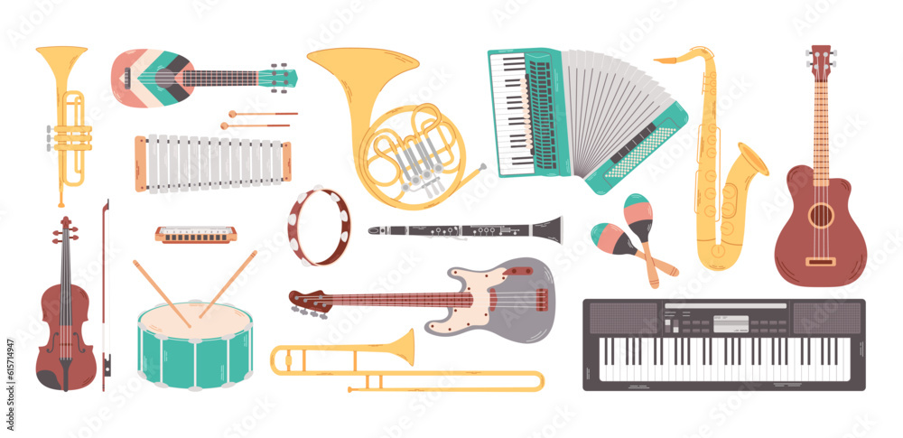 Group of various musical instruments isolated on white background ...