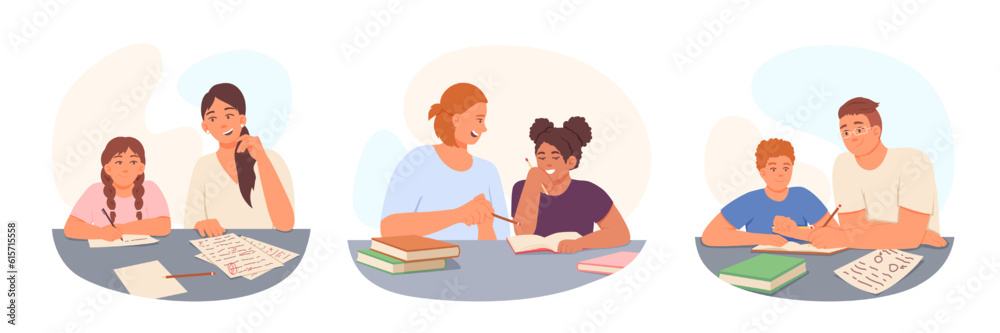 Set of parents with children doing homework. Women and man care of ...