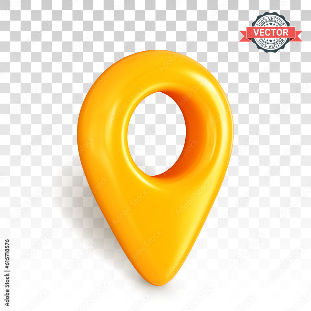 Yellow map pointer or GPS location icon in three-quarter front view ...