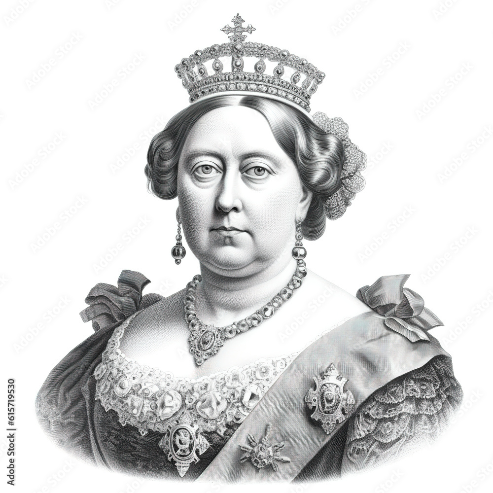 Black and white vintage engraving, headshot portrait of Queen Victoria ...