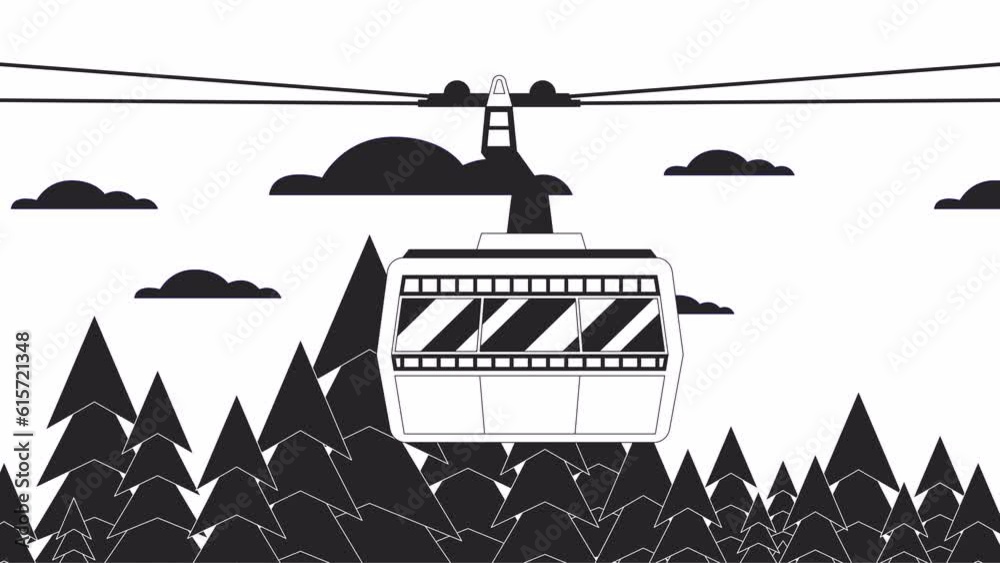 Cable car clouds bw lo fi animation. Cabin ropeway above forest skyline ...