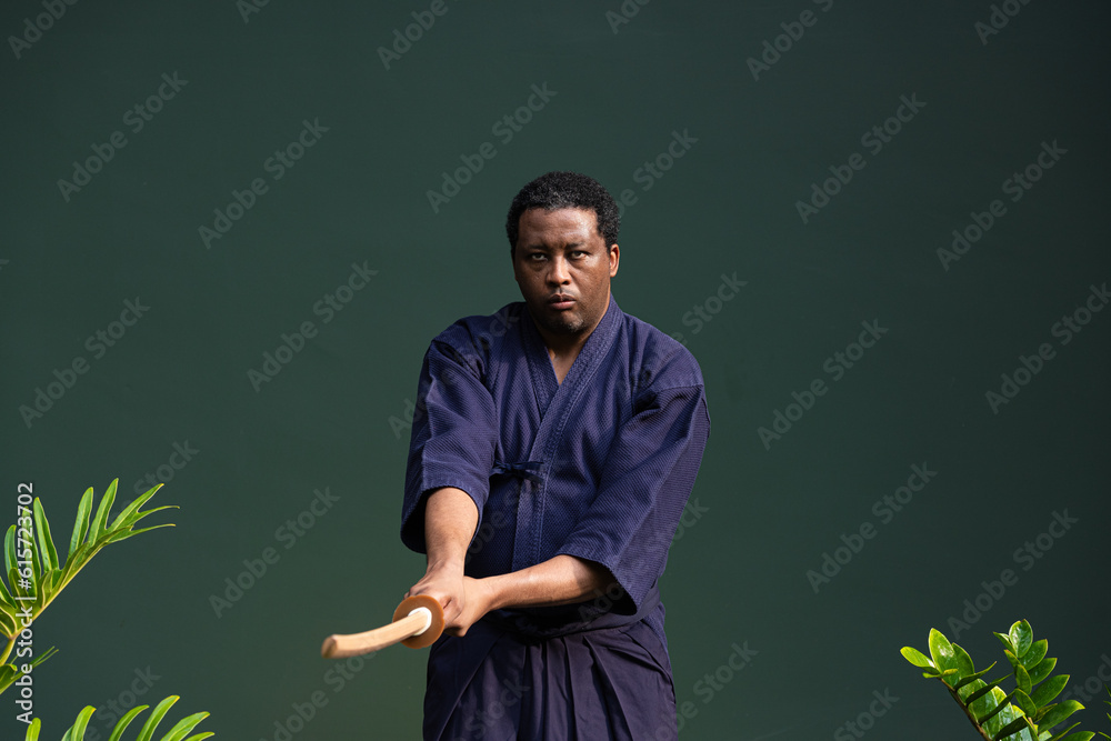 Handsome black martial artist man with martial arts costume of kendo ...