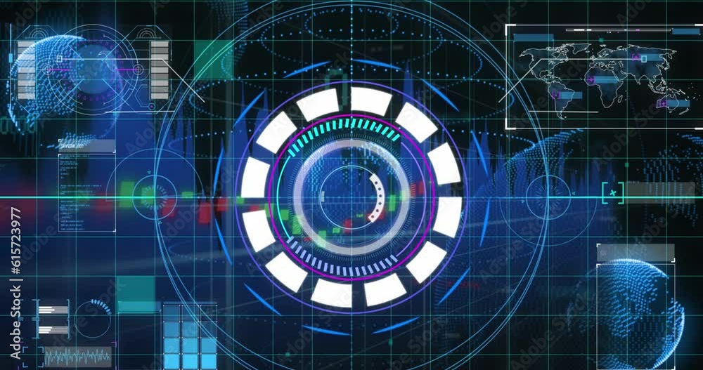 Animation of arc reactor, loading bars and circles, map over graph and globes on abstract ...