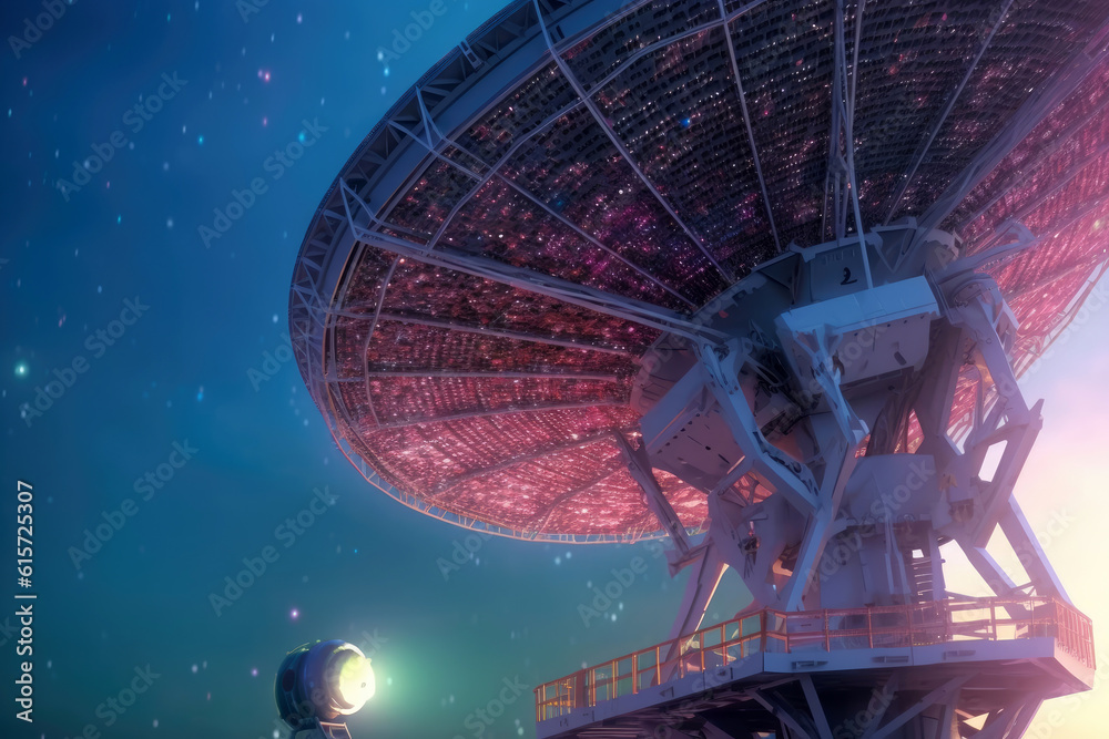Space satellite dishes that receive signals from outer space with night ...