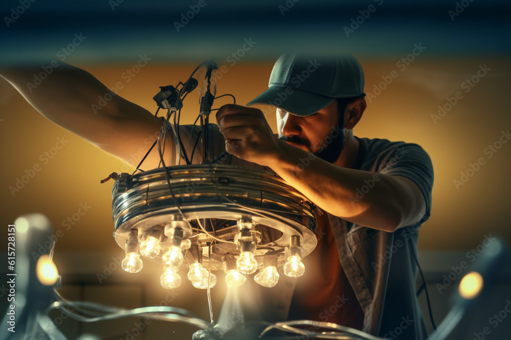 Electrician man worker installing ceiling lamp in a bright living room ...