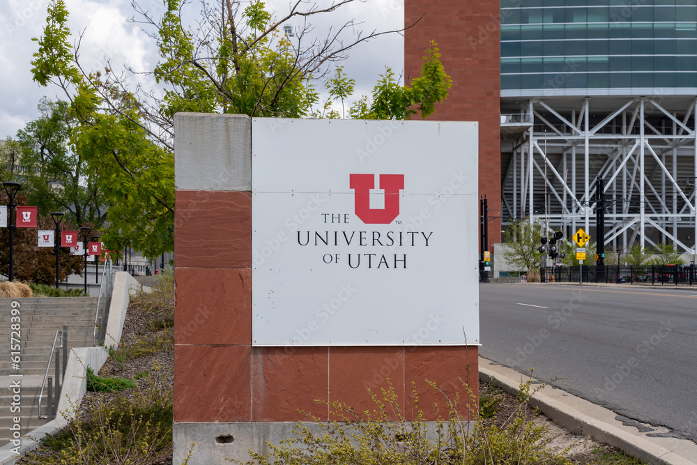 University of Utah sign with Rice-Eccles Stadium in the background in ...