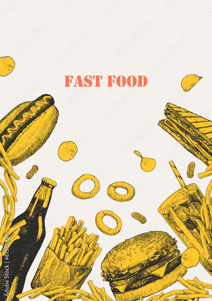 Fast Food Menu. Hand-drawn illustration of dishes and products. Ink ...