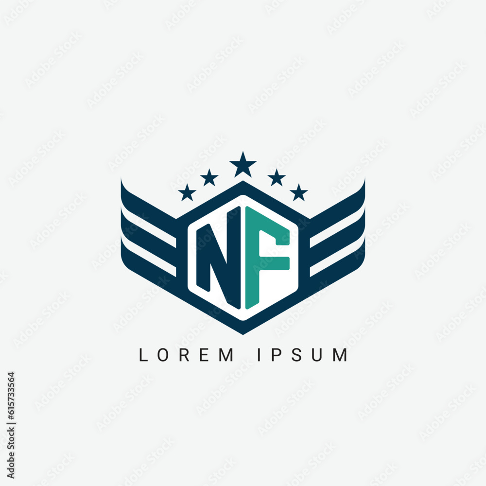 Alphabet letter NF, FN, N, F logo hexagon shape concept with wings ...