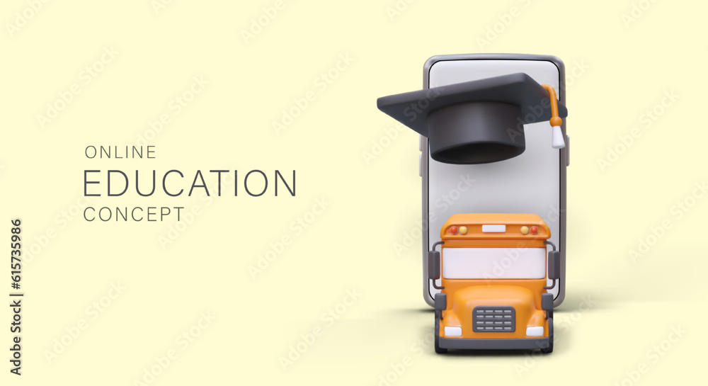 Online education. 3D smartphone, school bus, graduate cap. Convenient ...