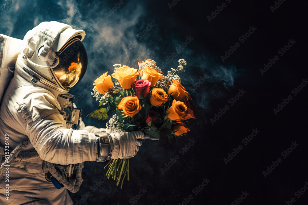 Astronauts in space in a futuristic space suit in the galaxy pick fresh ...