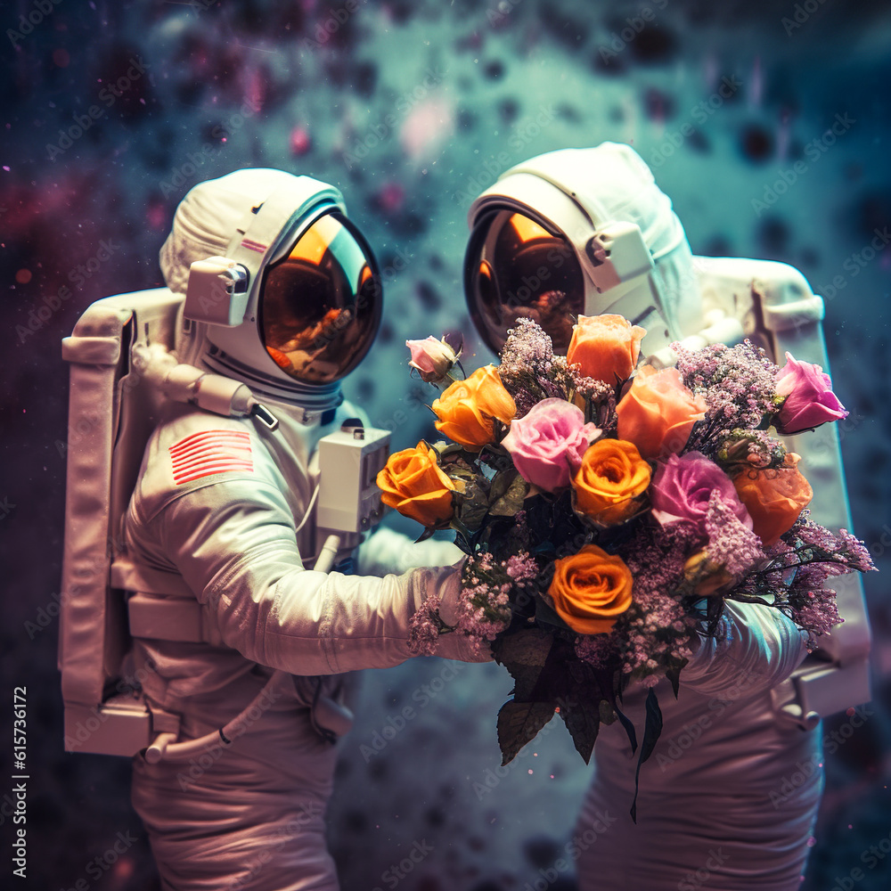 Astronauts in space in a futuristic space suit in the galaxy pick fresh ...