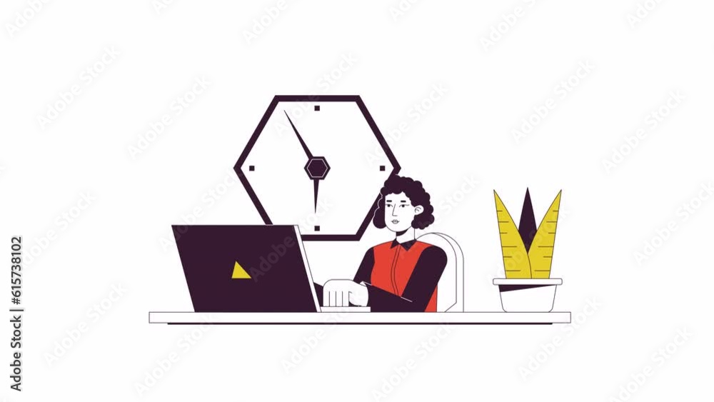 Female employee at desk animation. Animated cartoon office worker ...