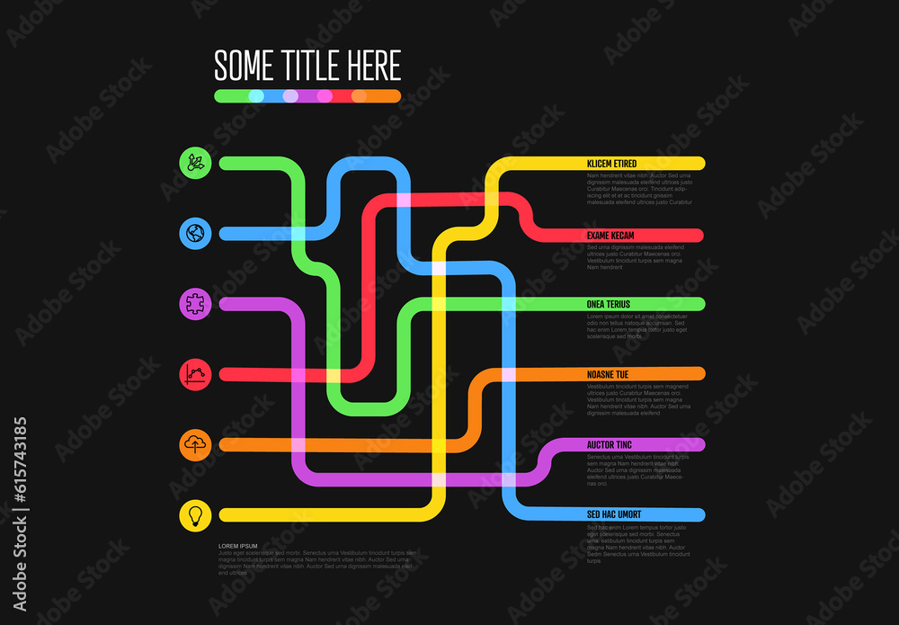 Simple dark infographic with six items and riddle lines Stock Template ...