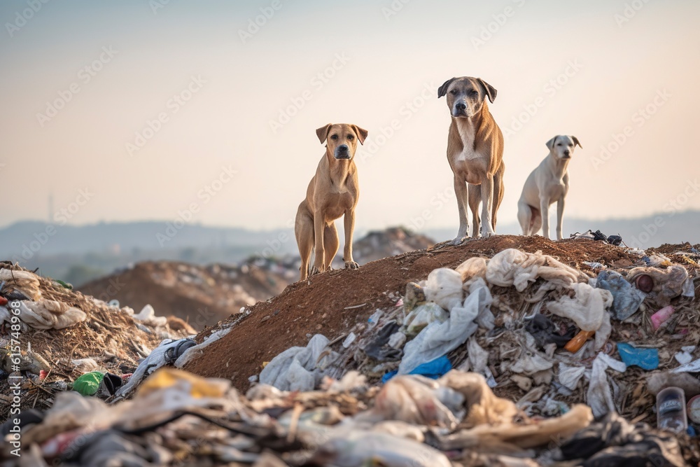 a group of stray dogs searches for food among the discarded waste in a ...
