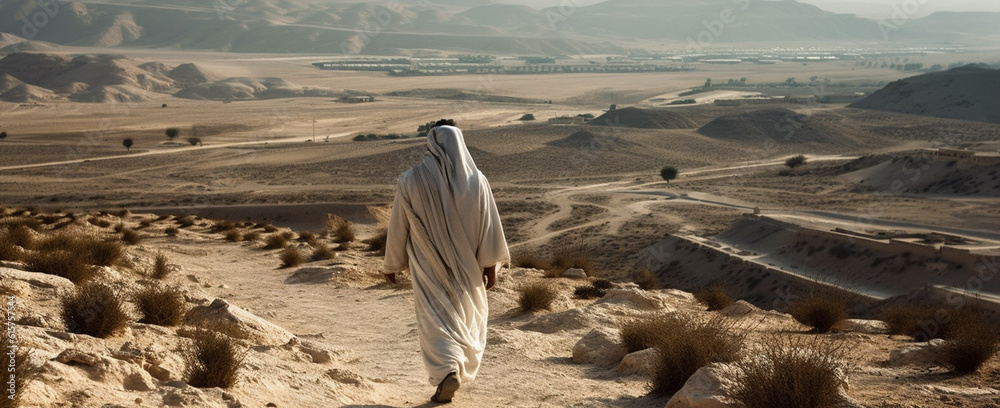 Jesus Christ is in prayer, walking through the desert to preach. The ...
