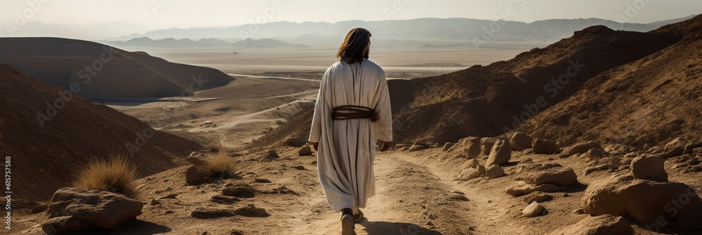 Jesus Christ is in prayer, walking through the desert to preach. The ...
