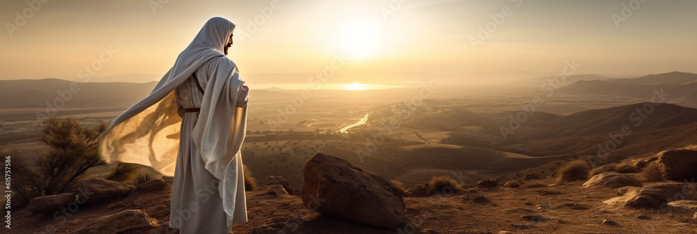 Jesus Christ is in prayer, walking through the desert to preach. The ...