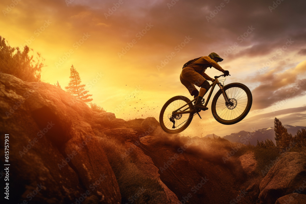 The captivating silhouette of a rider on a mountain bike, leaping over ...